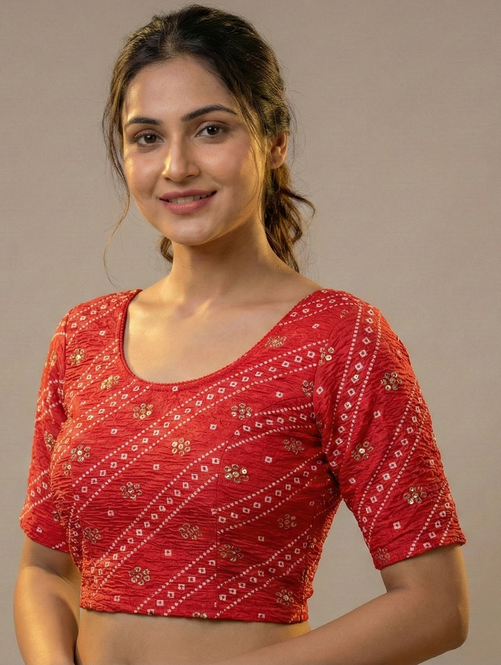 Samantha Red Bandhani Printed Stitched Blouse